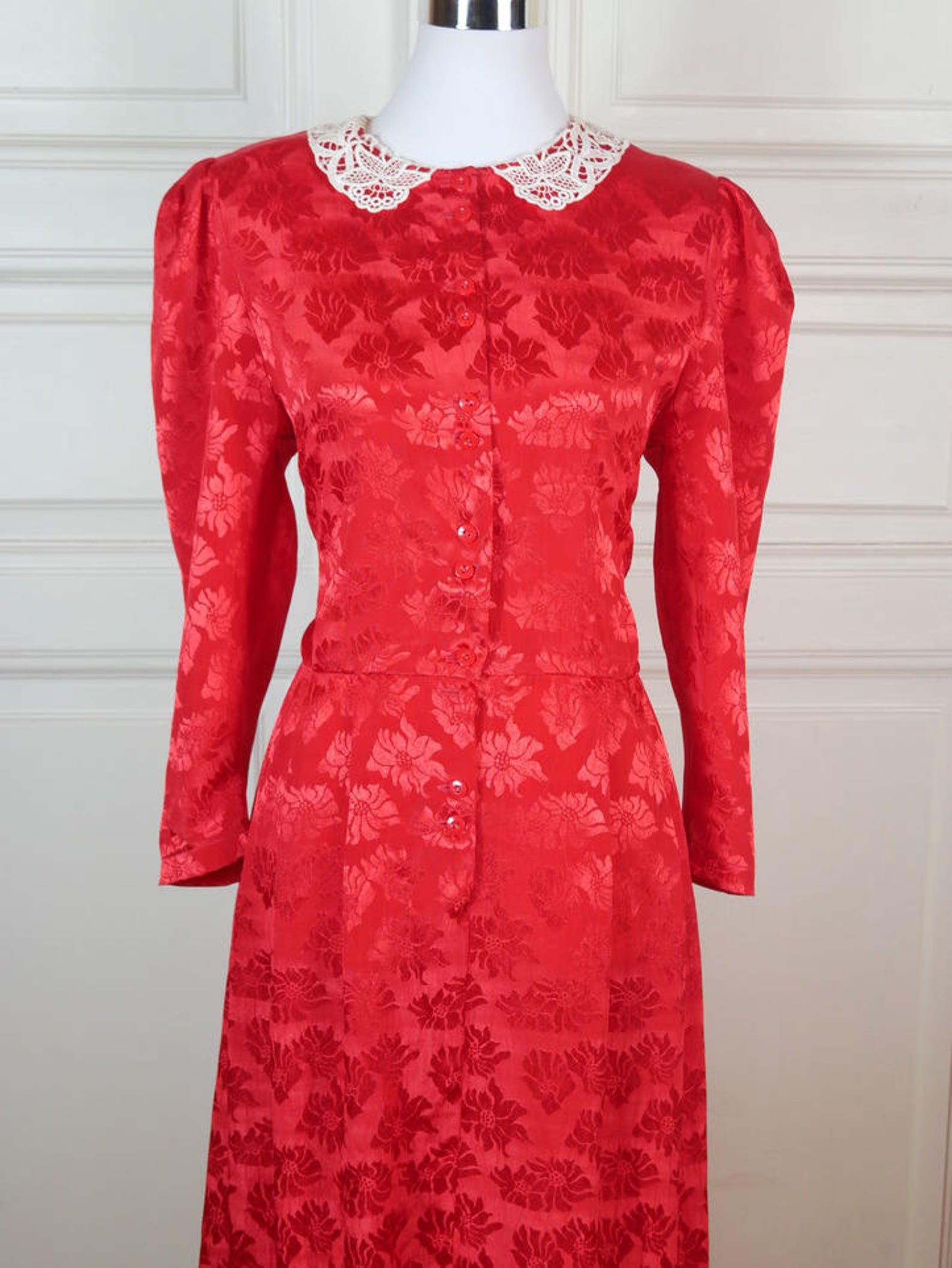 Red Prairie Dress W White Lace Collar 1980s Floral Hungarian | Etsy