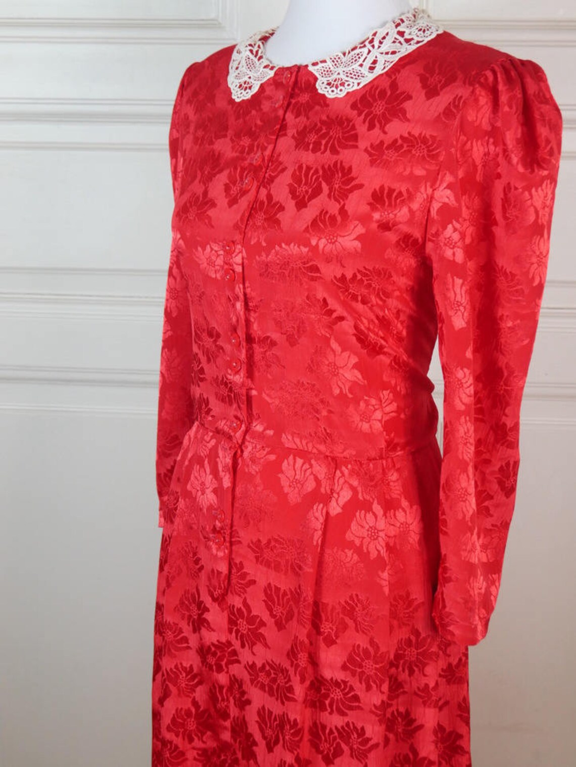 Red Prairie Dress W White Lace Collar 1980s Floral Hungarian | Etsy