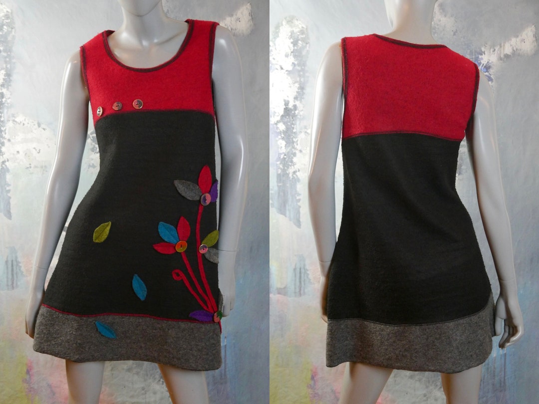 Sleeveless Mini Dress, French Vintage Wool Felt Red Black & Gray Color ...