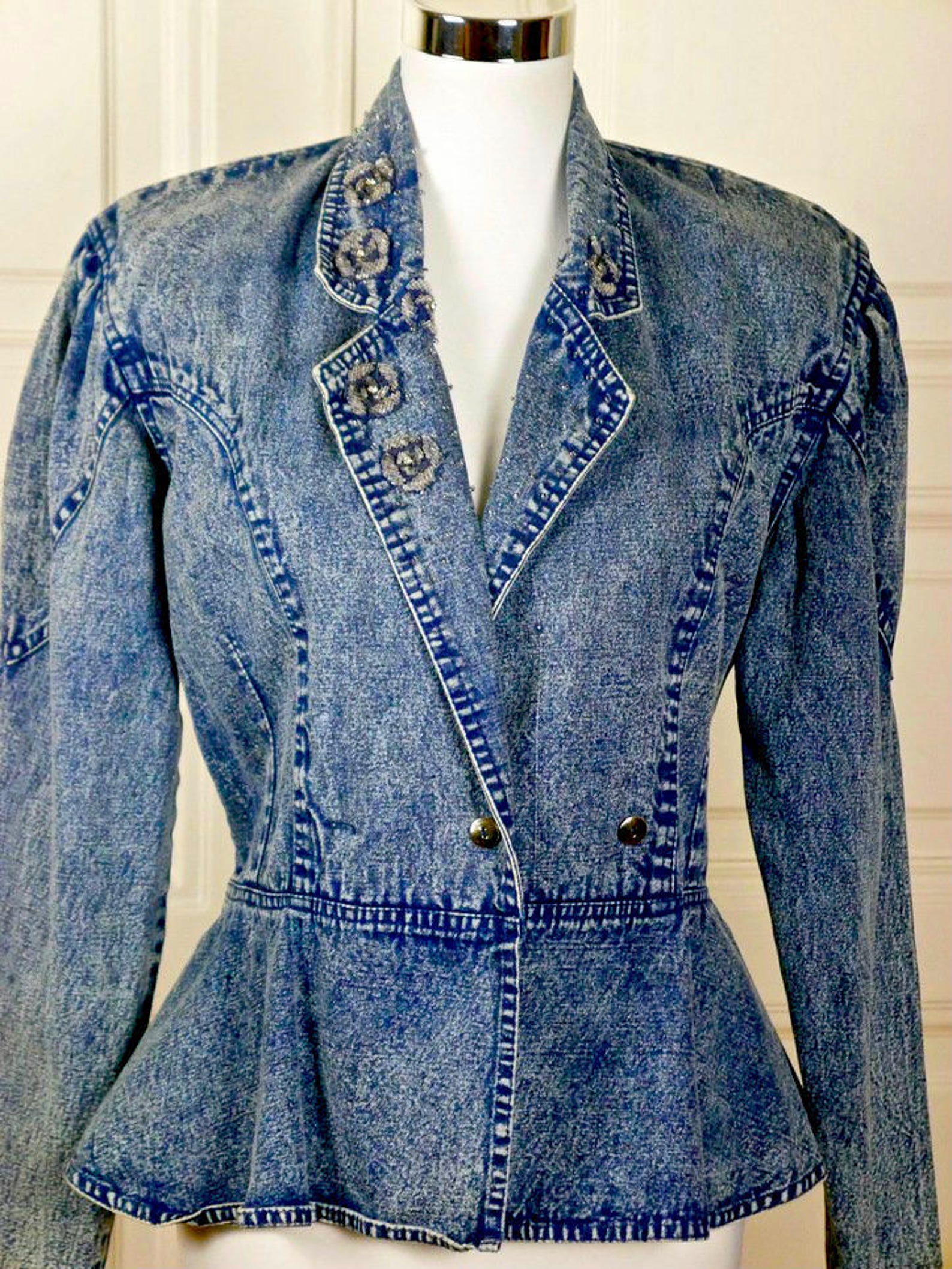 80s Denim Jacket Blue Stone Wash Blue Jeans Peplum Jacket W - Etsy