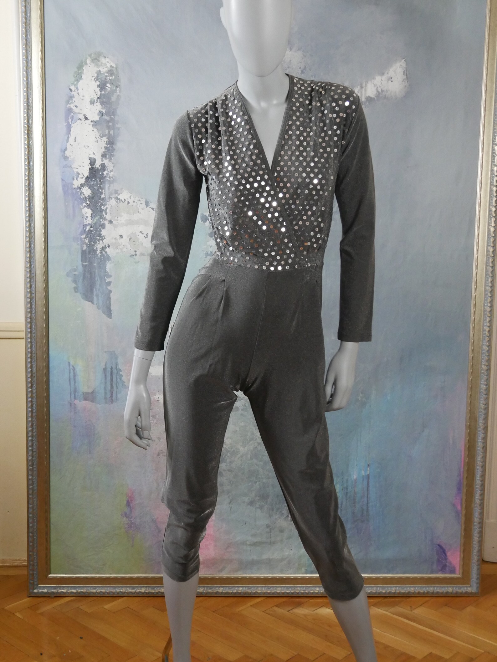 1970s Disco Jumpsuit Silver Glitter and Sequin V Neckline | Etsy