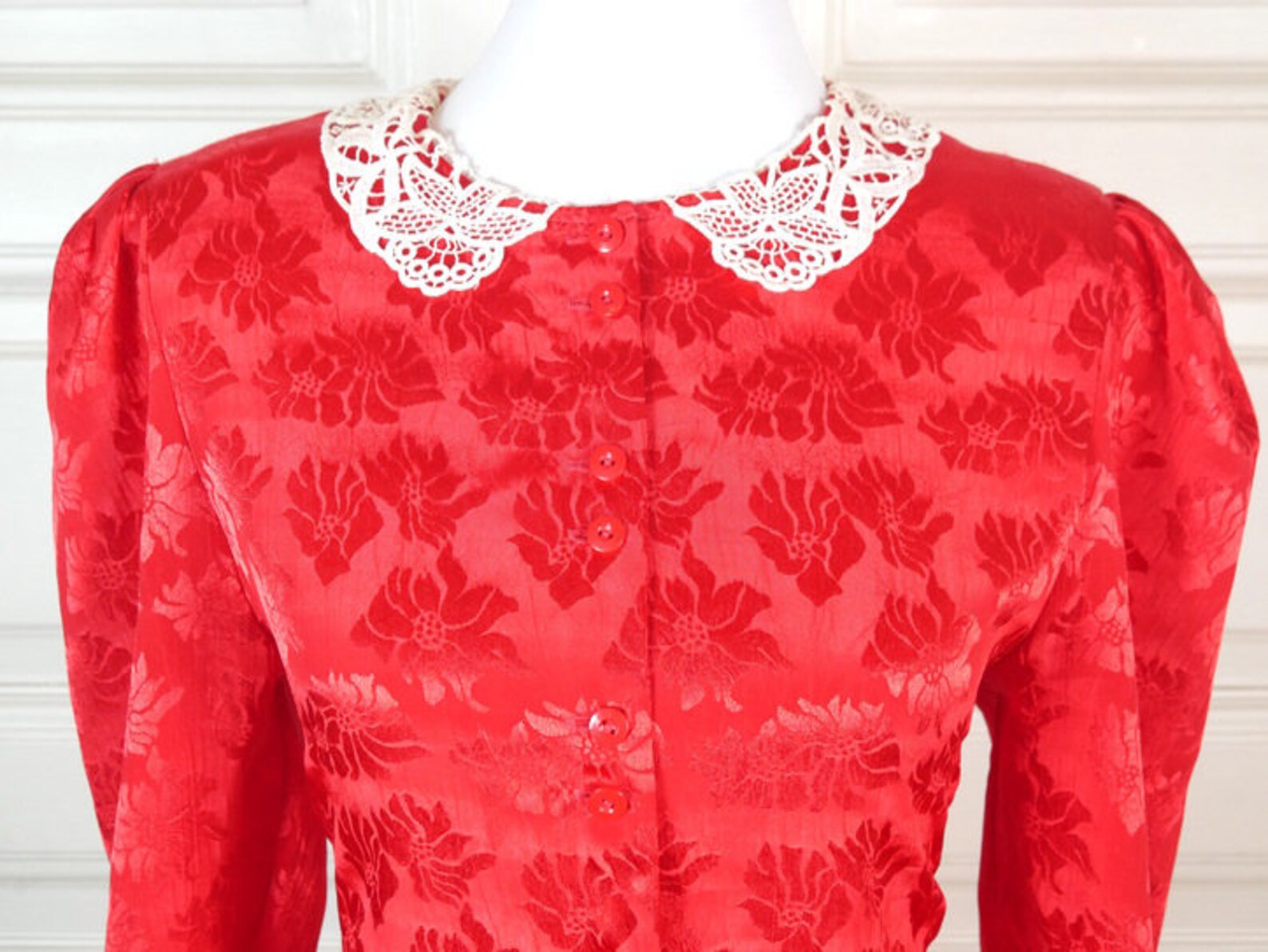 Red Prairie Dress W White Lace Collar 1980s Floral Hungarian | Etsy