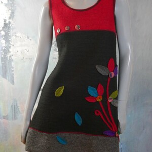 Sleeveless Mini Dress, French Vintage Wool Felt Red Black & Gray Color ...