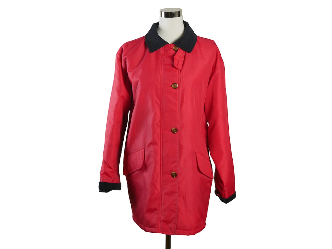Red Raincoat, 90s European Vintage Nylon Jacket With Corduroy Collar ...