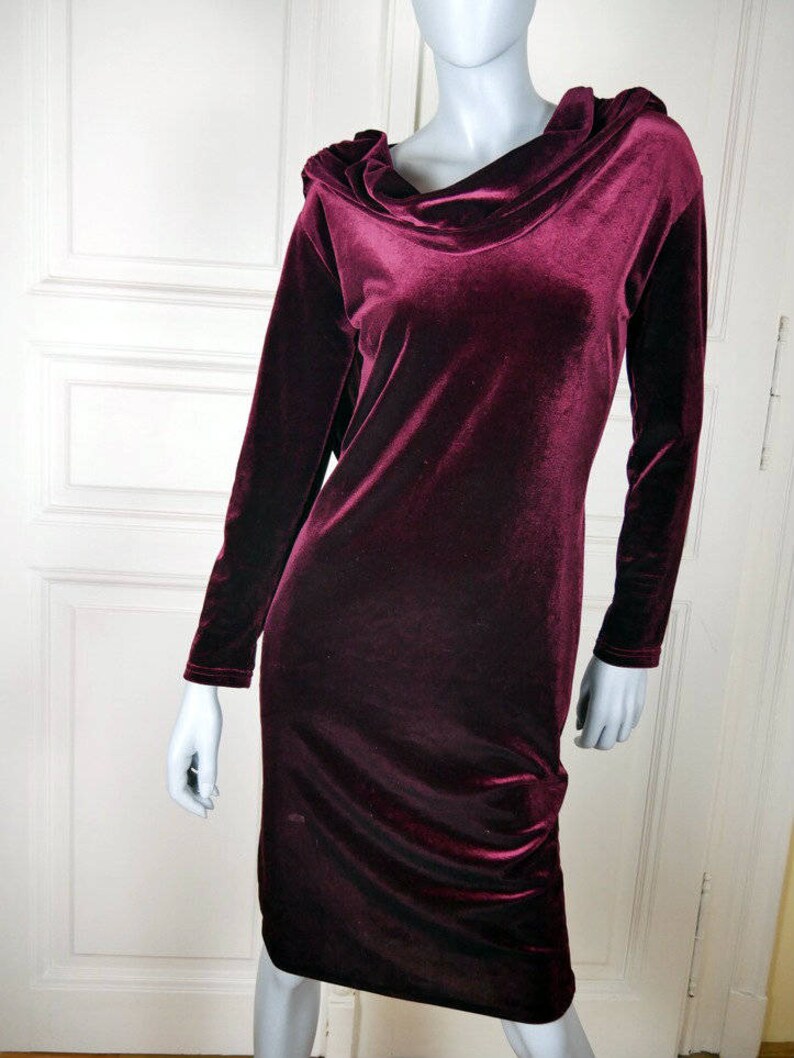 Burgundy Velour Dress 1990s French Vintage Elegant Maroon - Etsy