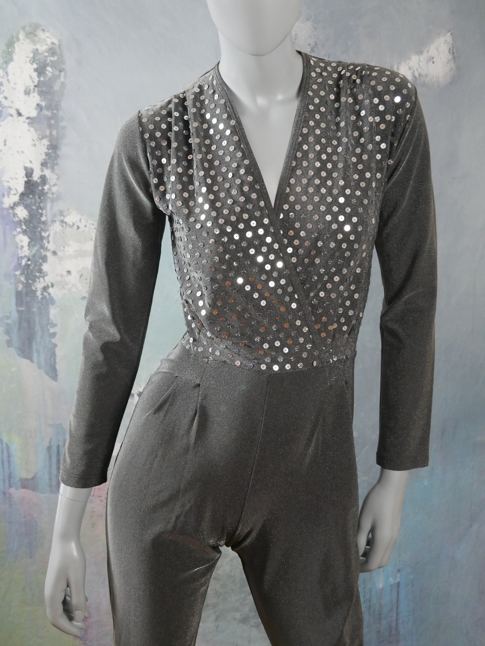 1970s Disco Jumpsuit Silver Glitter and Sequin V Neckline - Etsy
