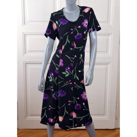 90s Summer Dress, British Vintage Black Short-Sleeve … - Gem