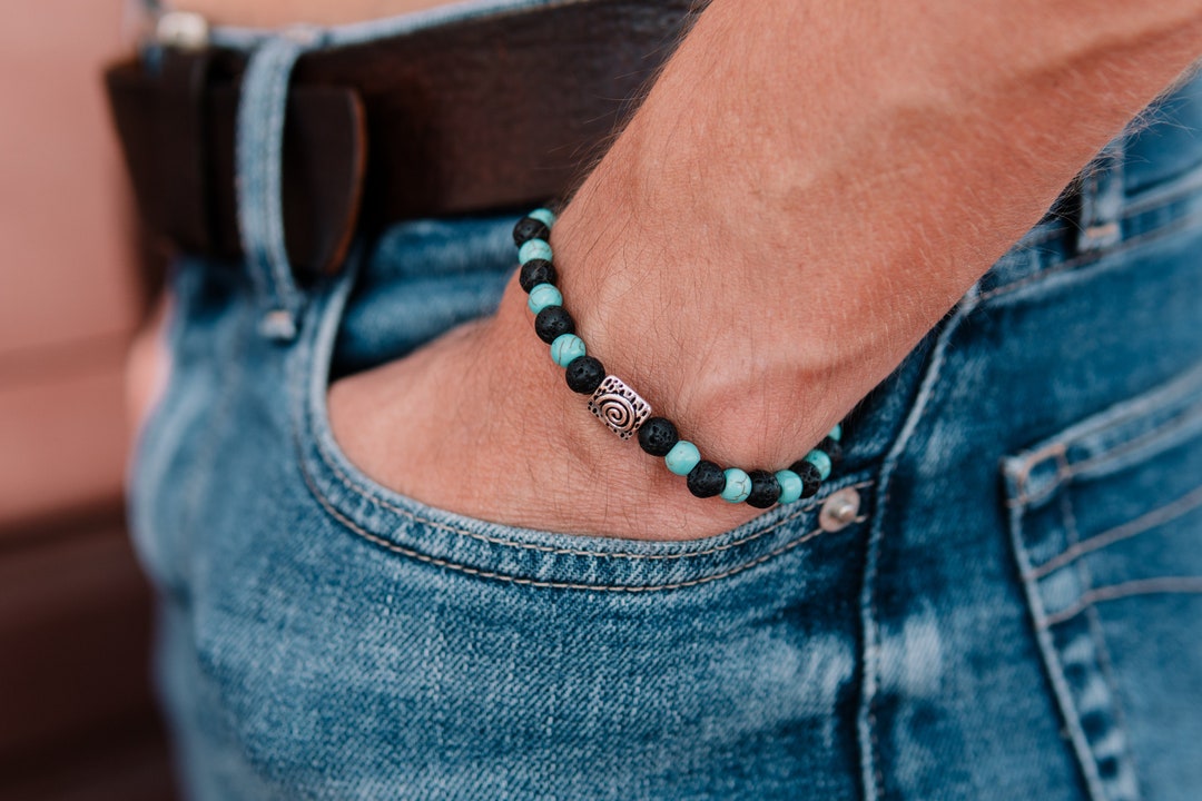 Volcanic Lava & Turquoise Bracelet: Handmade Island Style Jewelry Gift ...
