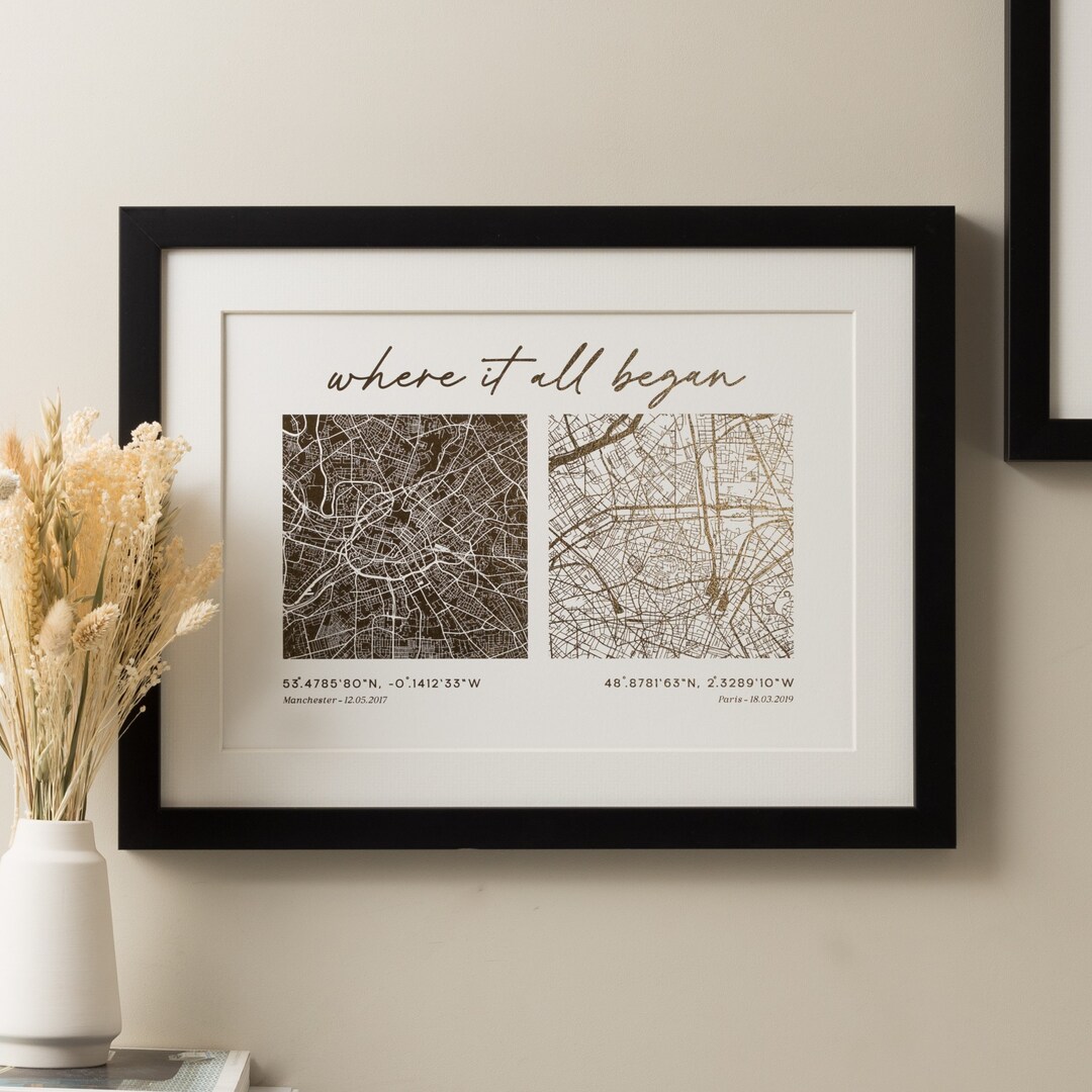 Location and Coordinates Foil Map Print, Two Locations Foil Map Art ...