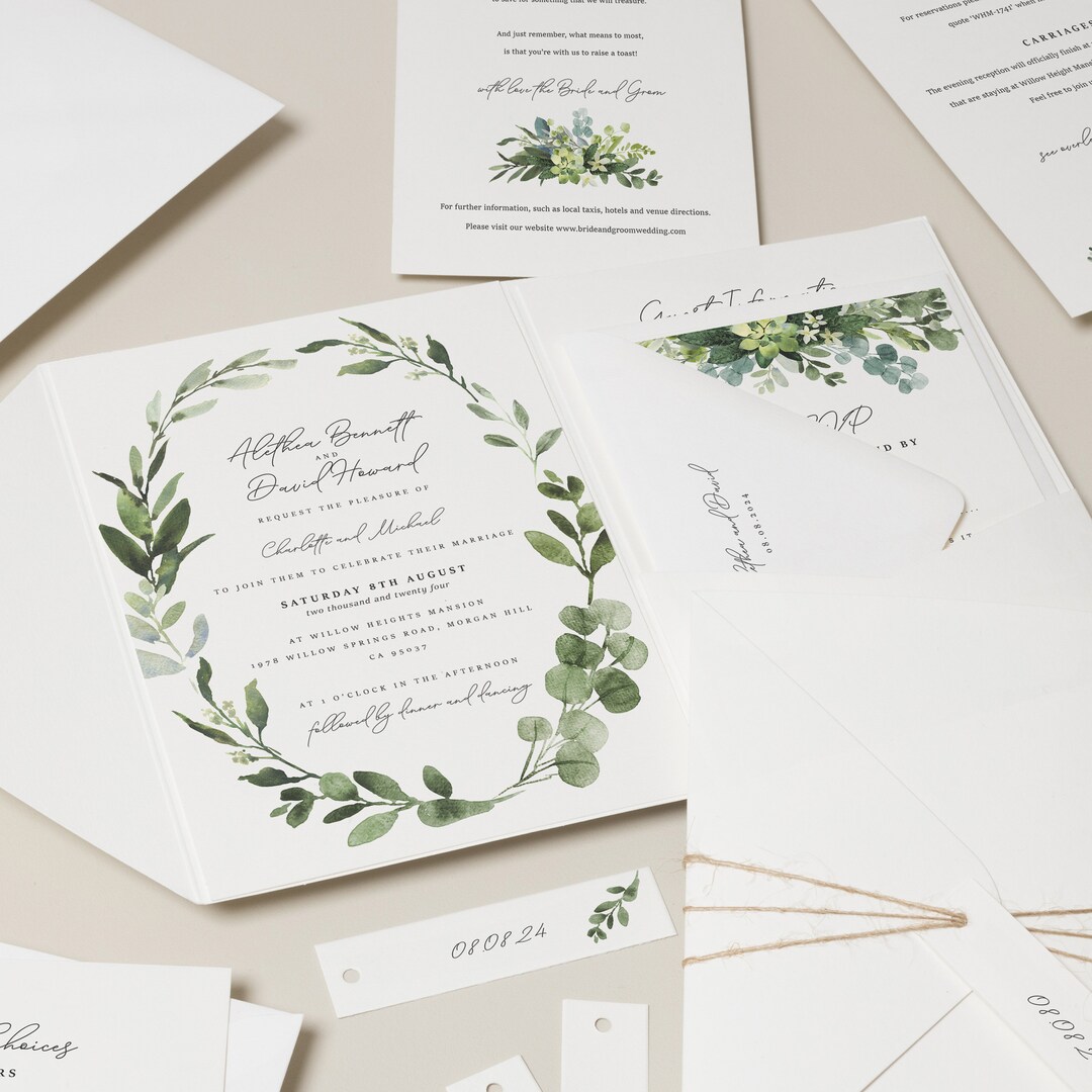 Pocketfold Wedding Invitation, Greenery & White Wedding Invitation ...