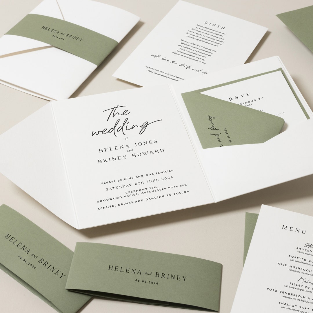 Mid Green Pocketfold Wedding Invite Set, Simple Invitation With RSVP ...