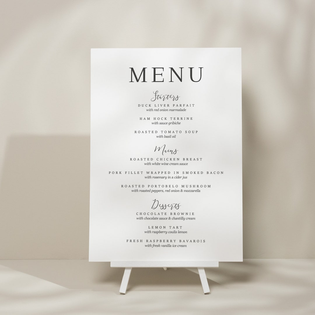 Modern Wedding Menu Sign, Food Menu Sign for Wedding, Minimalistic ...