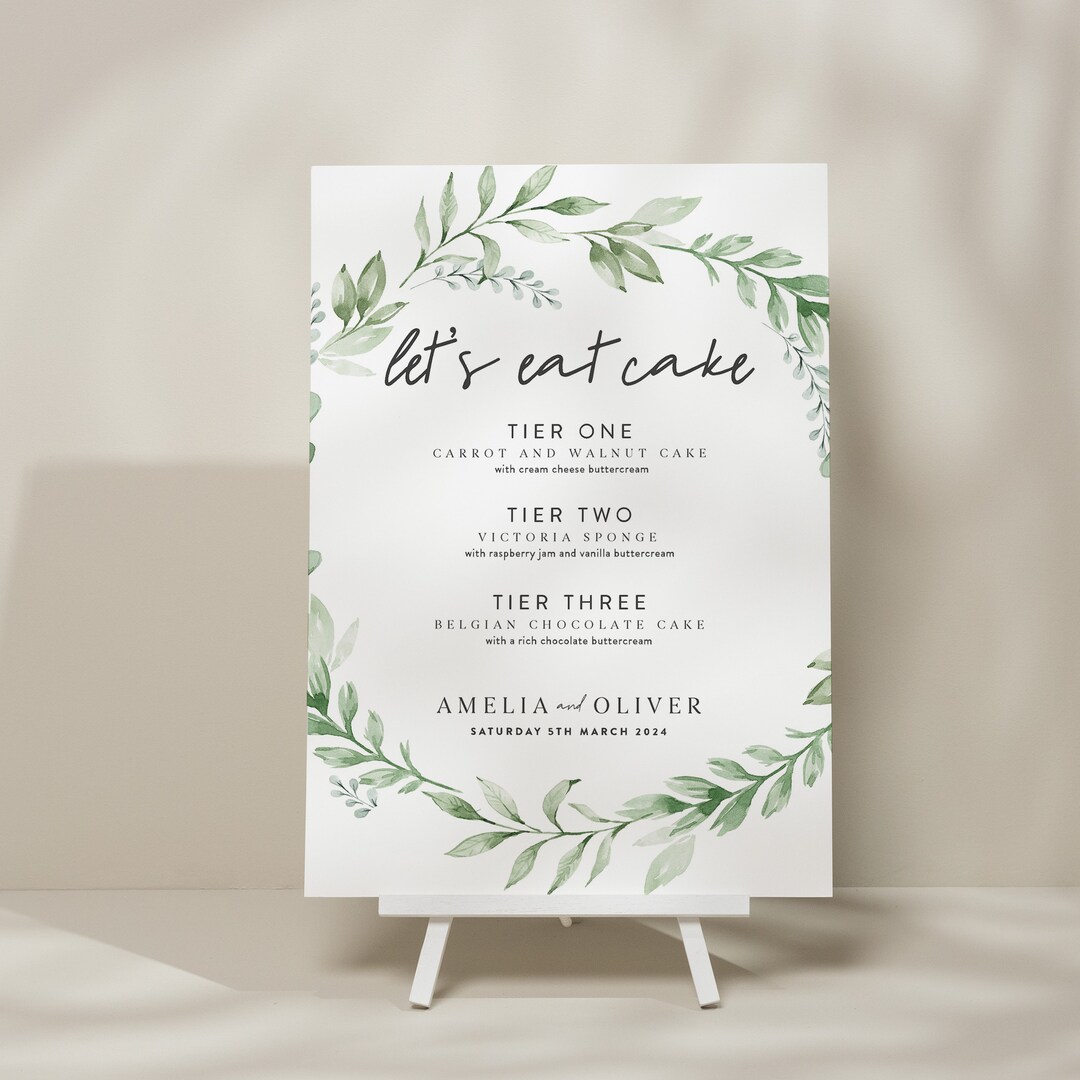 Greenery Wedding Cake Flavour Sign, Minimalist Cake Menu Sign ...