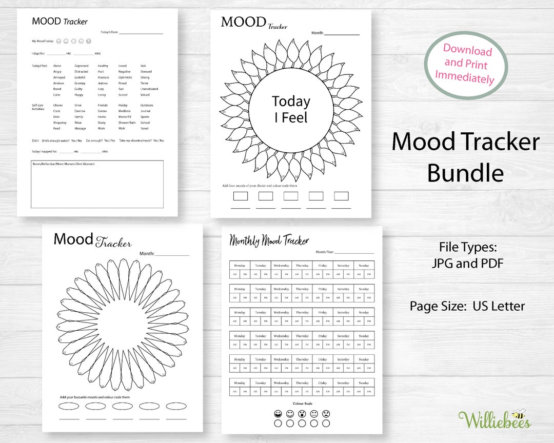 Mood Tracker Bundle, Daily Feelings, Emotions Wheel, Mental Health Log ...