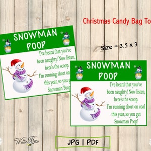 Snowman Poop Christmas Candy Bag Topper, Candy Bag Tags, Treat Bag ...