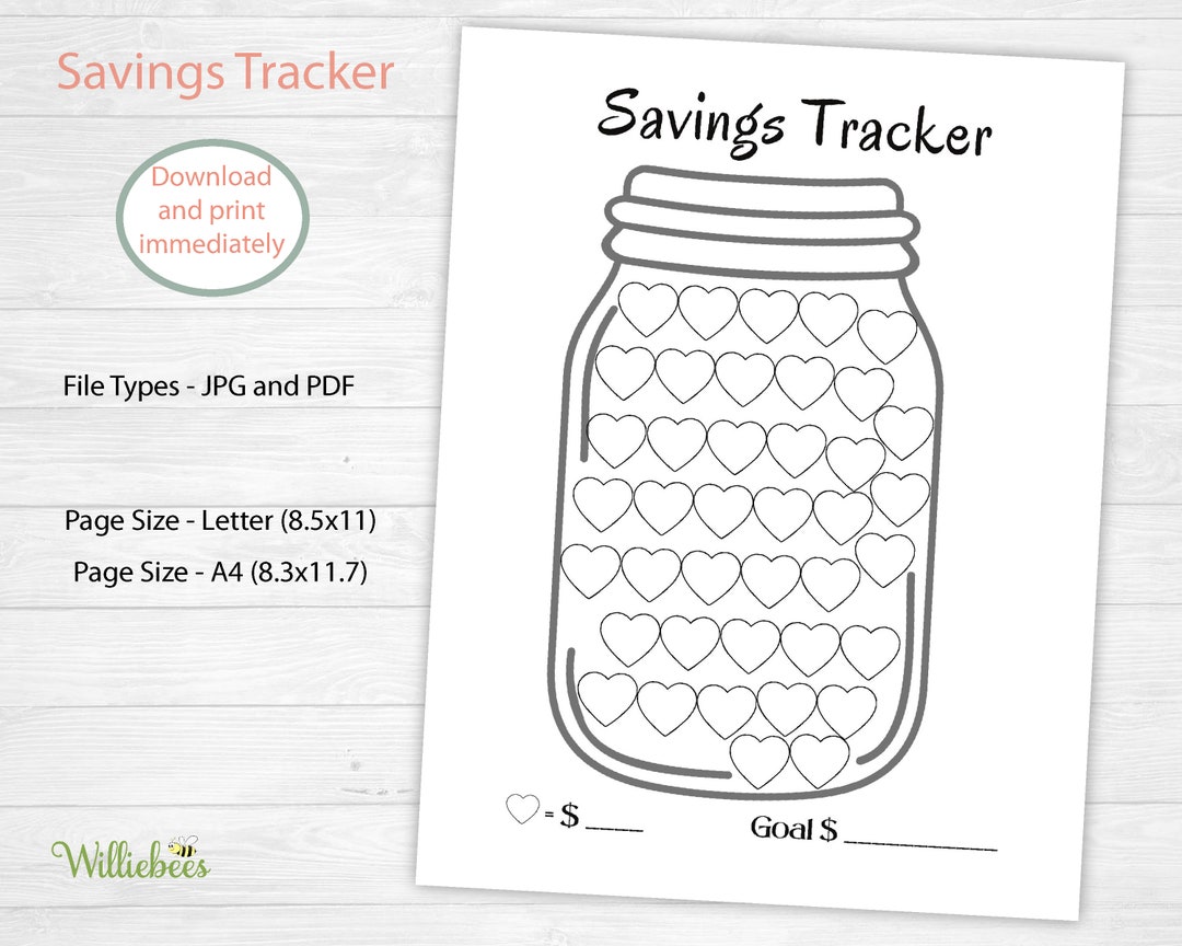 Money Savings Tracker, Hearts in Jar, Savings Goal, Print at Home, Mason Jar, Savings Challenge ...