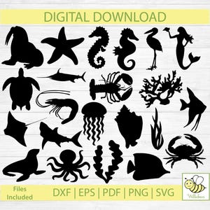 Sea Life Silhouette Underwater Clipart, Fish SVG, Mermaid Girl, Seaweed ...