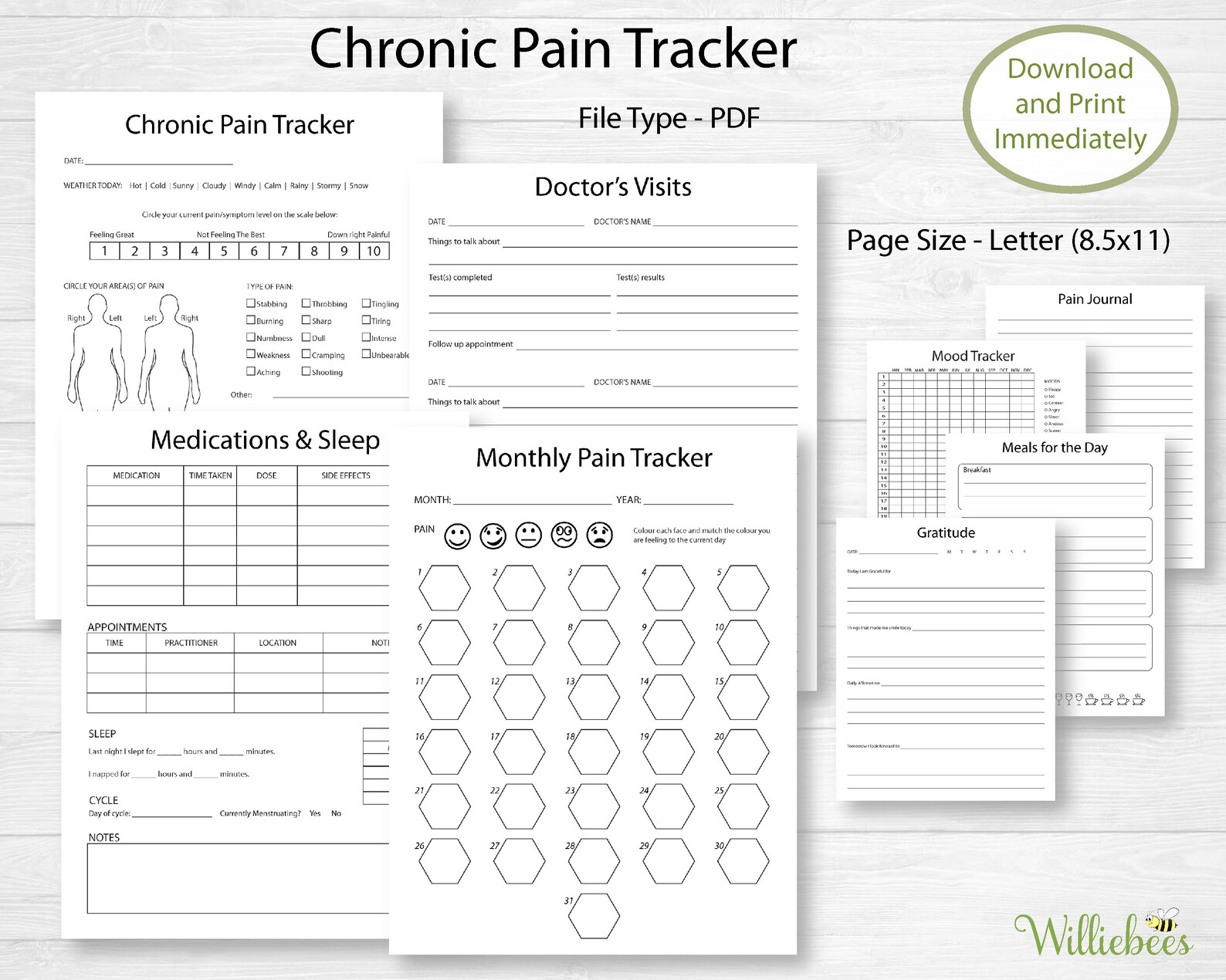 Chronic Pain Tracker Worksheets, Pain Journal, Personal Tracker ...