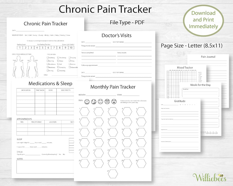 Chronic Pain Tracker Worksheets, Pain Journal, Personal Tracker ...