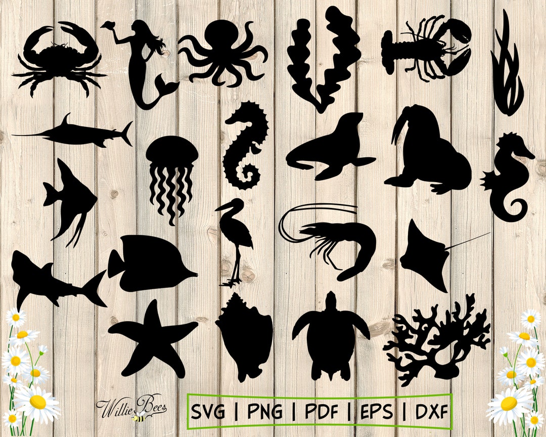 Sea Life Silhouette Underwater Clipart, Fish SVG, Mermaid Girl, Seaweed ...