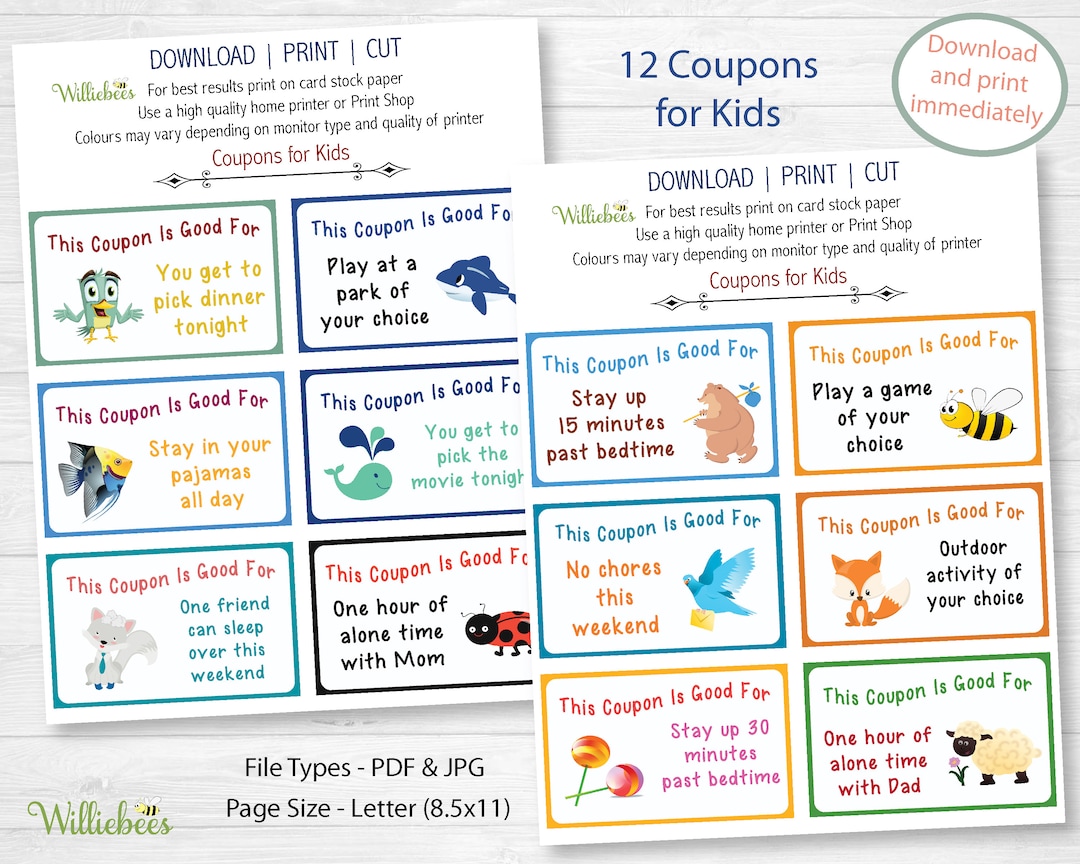 Kids Coupons, No Chores, Play at Park, Stay up Late, Cute Coupons for ...