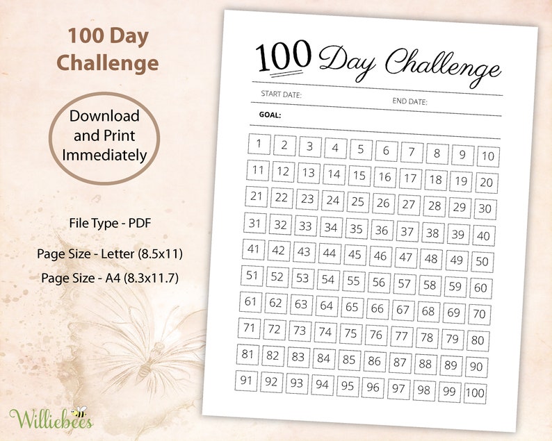 100 Day Challenge Printable Tracker Minimal Habit Tracker - Etsy