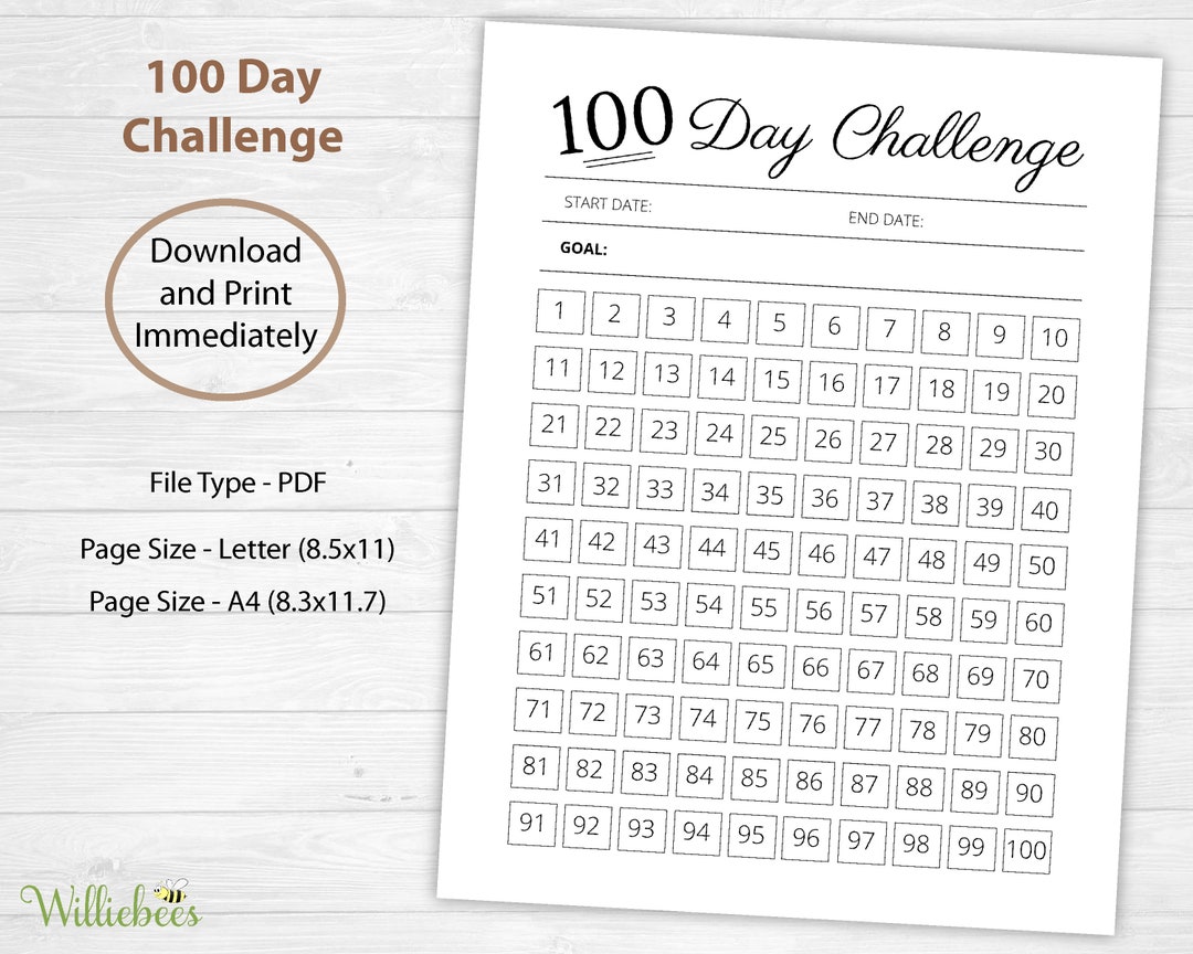 100 Day Challenge, Printable Tracker, Minimal Habit Tracker, Daily Goal ...