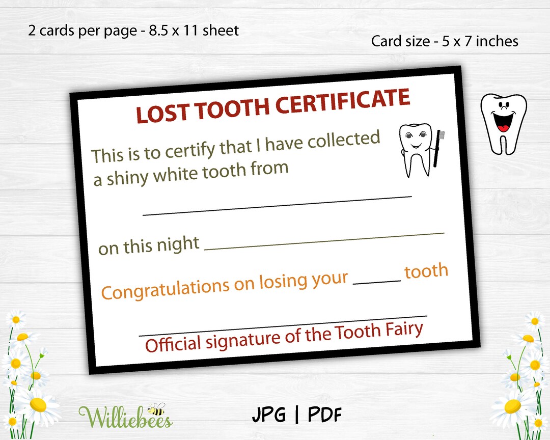 Lost Tooth Certificate, Missing Teeth, Kids Printable Note, Tooth Fairy ...