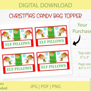Christmas Bag Topper, Elf Pillows Tags, Treat Bag Toppers, Candy Bag ...