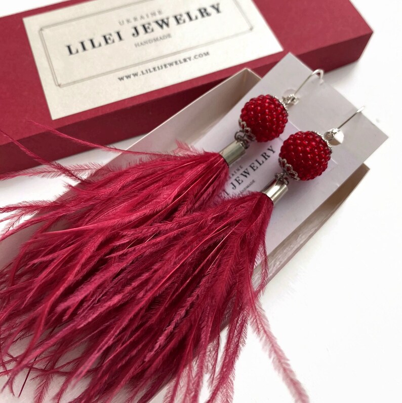 Maroon Ostrich Feather Earrings Long Burgundy Feather - Etsy