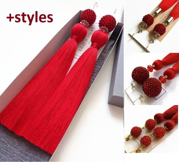 Red Tassel Earrings Long Red Trendy earrings Unique statement | Etsy