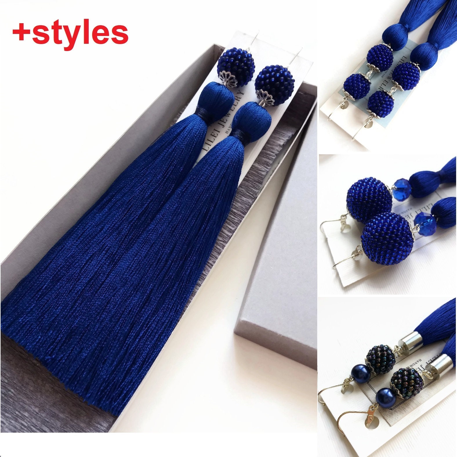 Blue Tassel Earrings Beaded for Women Indigo Blue Statement - Etsy