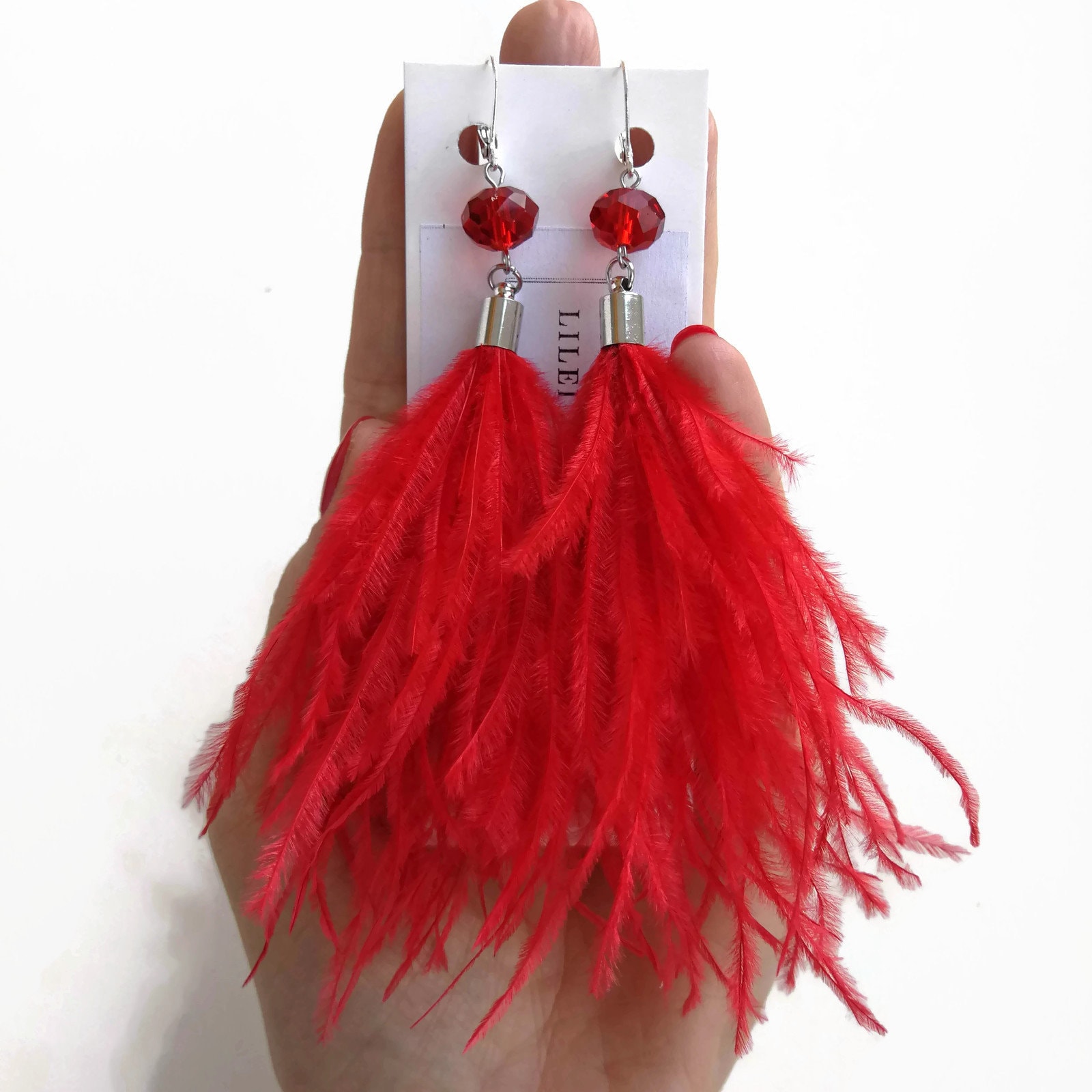 Hot red feather earrings Long real ostrich feather earrings | Etsy