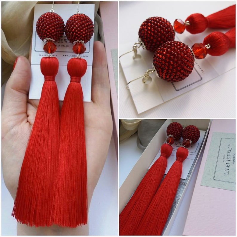 Red Tassel Earrings Long Red Trendy Earrings Unique Statement Earrings ...