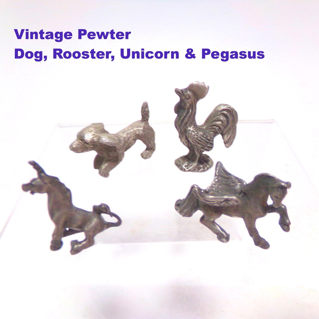Metal Pewter Miniatures Lot of 4 Animals Dog, Rooster, Unicorn ...