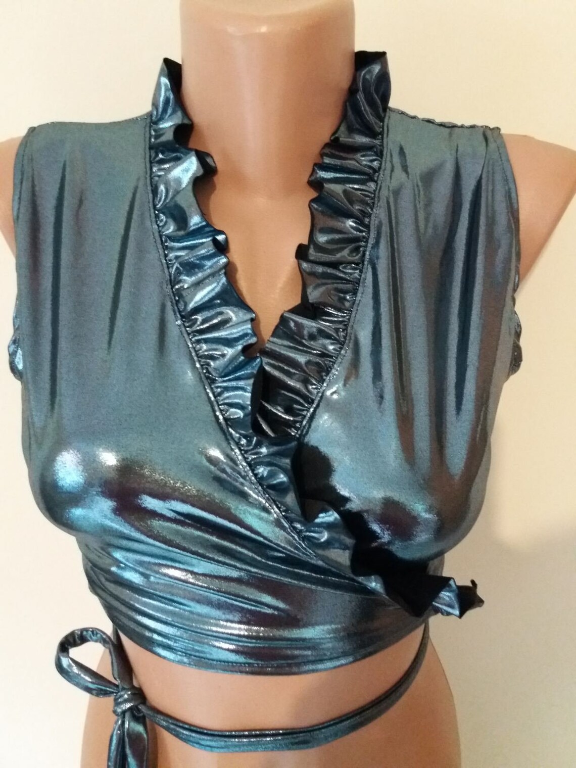 Silver Metalic Ruffle Top/ Silver Metalic Ruffle Bra / Silver Metalic ...