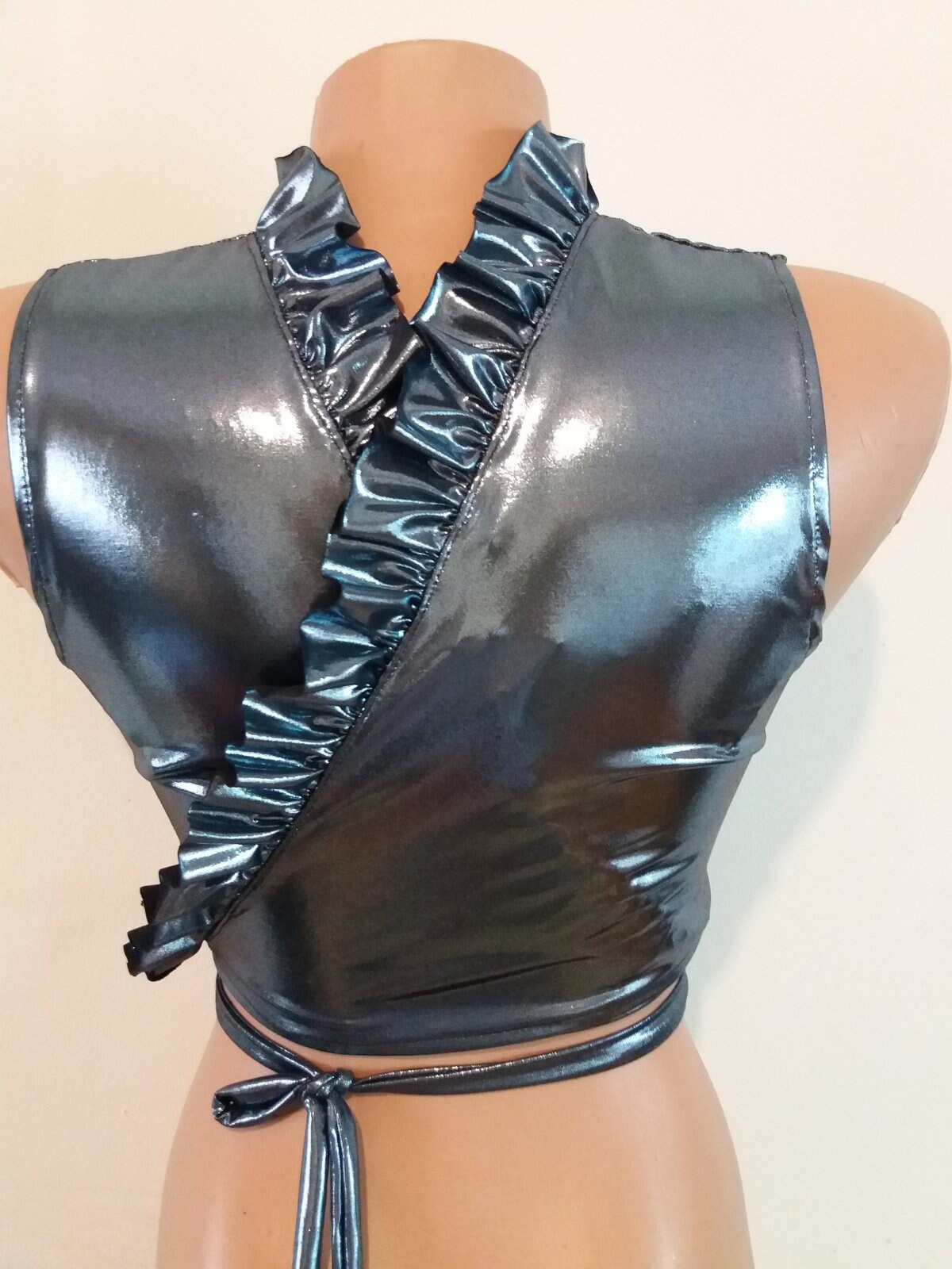 Silver Metalic Ruffle Top/ Silver Metalic Ruffle Bra / Silver Metalic ...