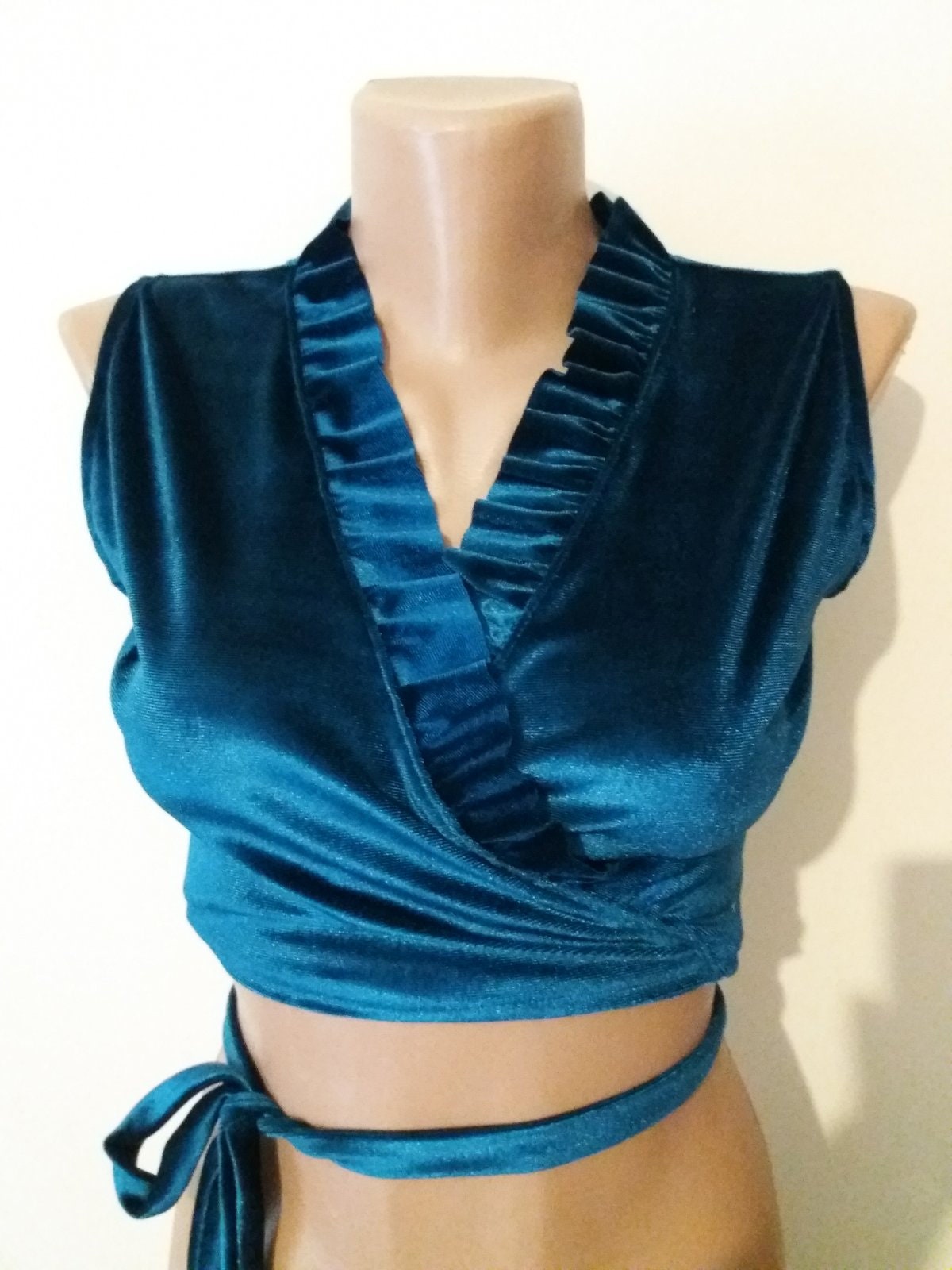 Teal Blue Velvet Ruffle Top/ Teal Blue Velvet Bra / Velvet Top Binds to ...
