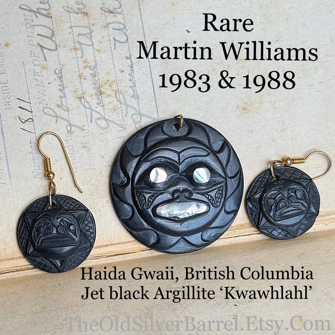 Rare Carved Argillite Pendant and Earrings From Haida, Kwawhlahl, 1980 ...