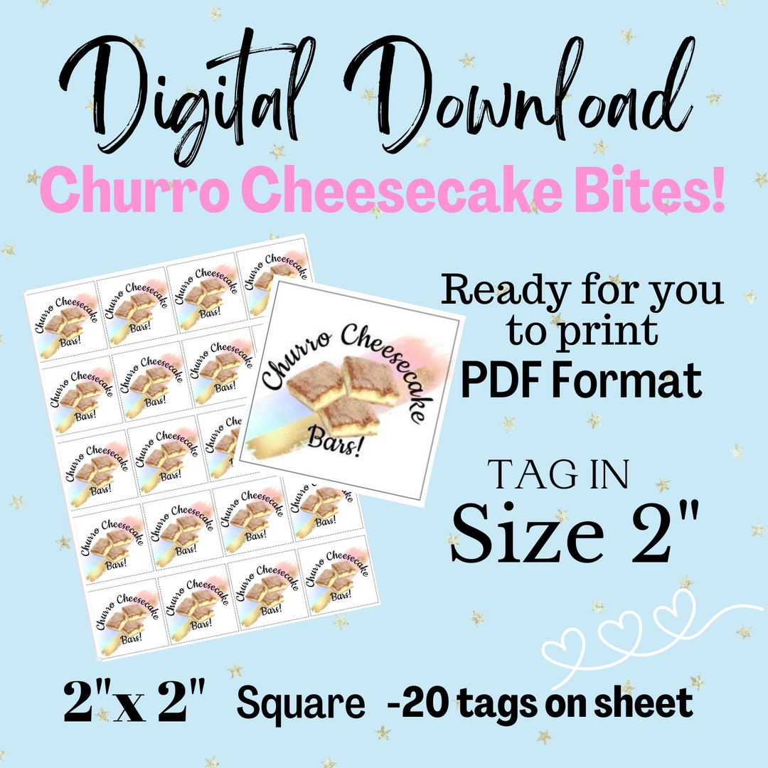 DIGITAL Download Churro Cheescake BARS Square Printable Tags PDF Format ...