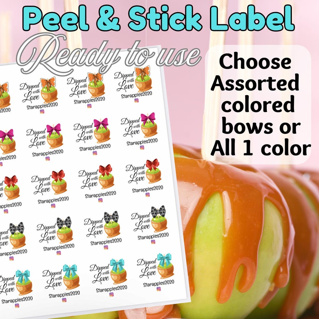 Dipped With Love Caramel Apple Sticker Labels Personalized Colored Bows ...