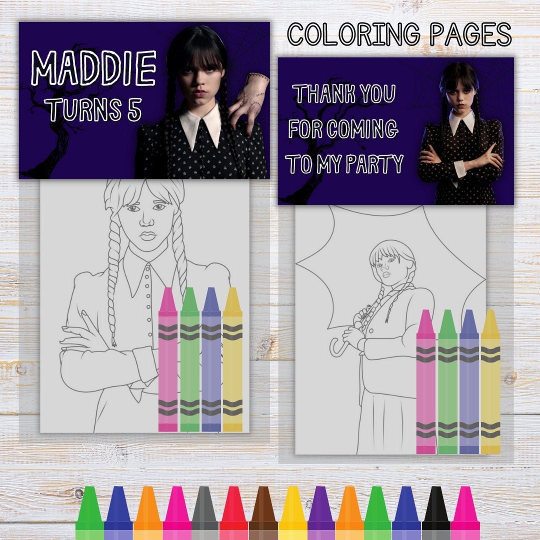 Wednesday Mini Coloring Pages and Crayons, Wednesday Birthday Party ...