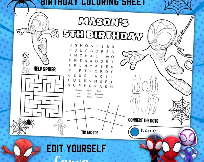 Spidey Activity Coloring Page, Spidey Birthday Party Favors, Spidey ...