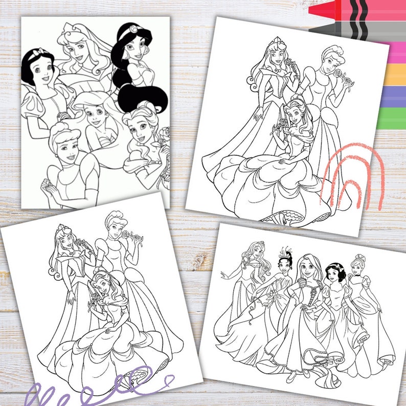 Princess Mini Coloring Pages and Crayons Princess Birthday - Etsy