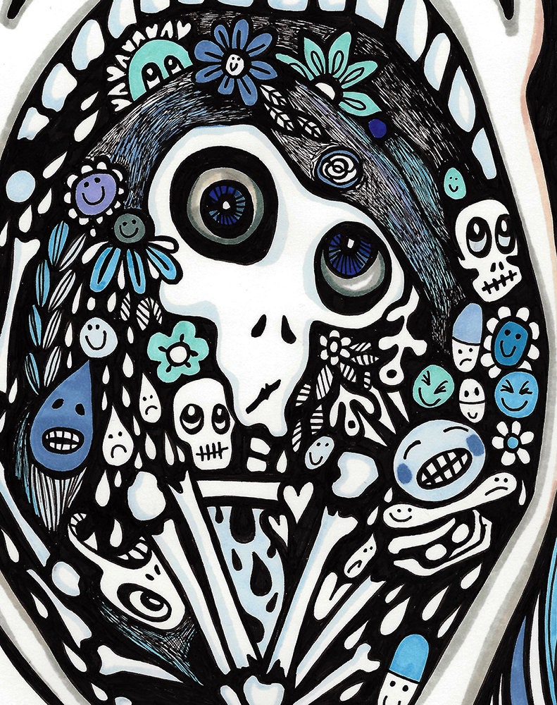 Original Open Mouth Screaming Skull Head Pen and Ink Drawing Size 8 1/2 ...