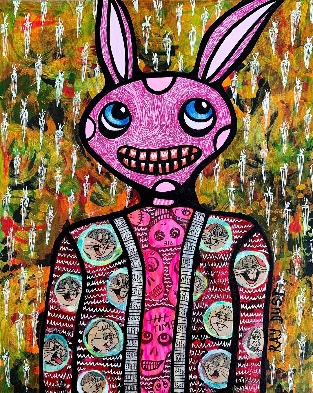Happy Pink Bunny, Blue Eyes, 8x10, Original Art, Unique, Animal, Pet ...