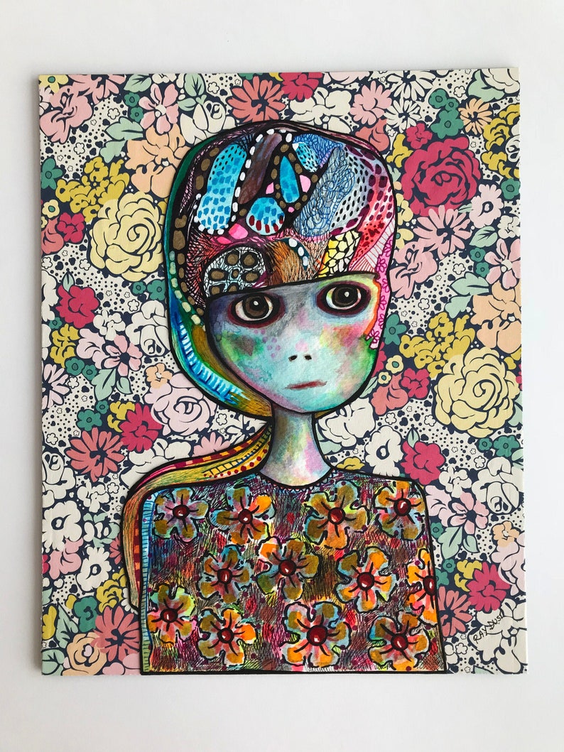 Original Mixed Media Portrait Art, 8"x10", Bold Colorful Eclectic Boho ...