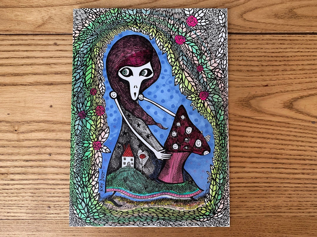 Original Skeleton Mushroom Thief Art Drawing Size 5"x7", Day of the ...