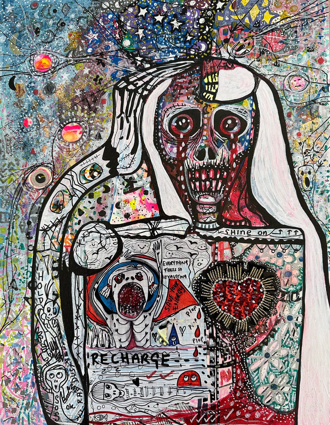 Original Skeleton Portrait Art, 14"x18", Mixed Media Embellished Heart ...