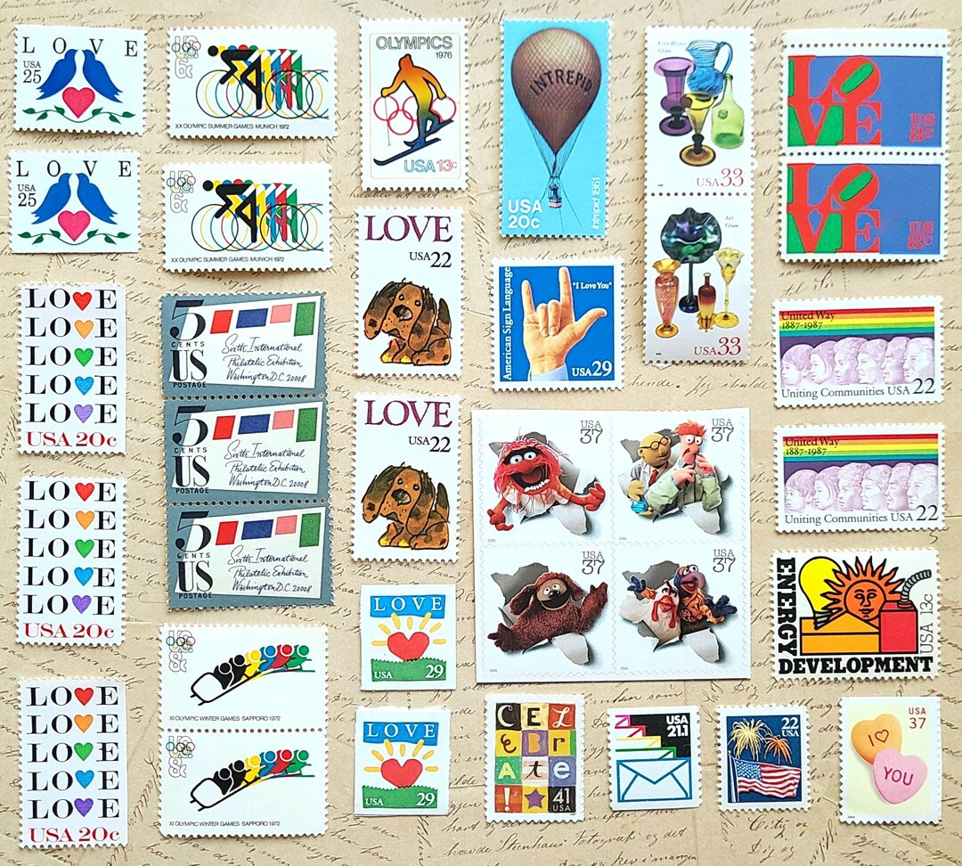 55 Pc Unused Vintage LOVE & FUN Postage Stamp Lot. Characters ...